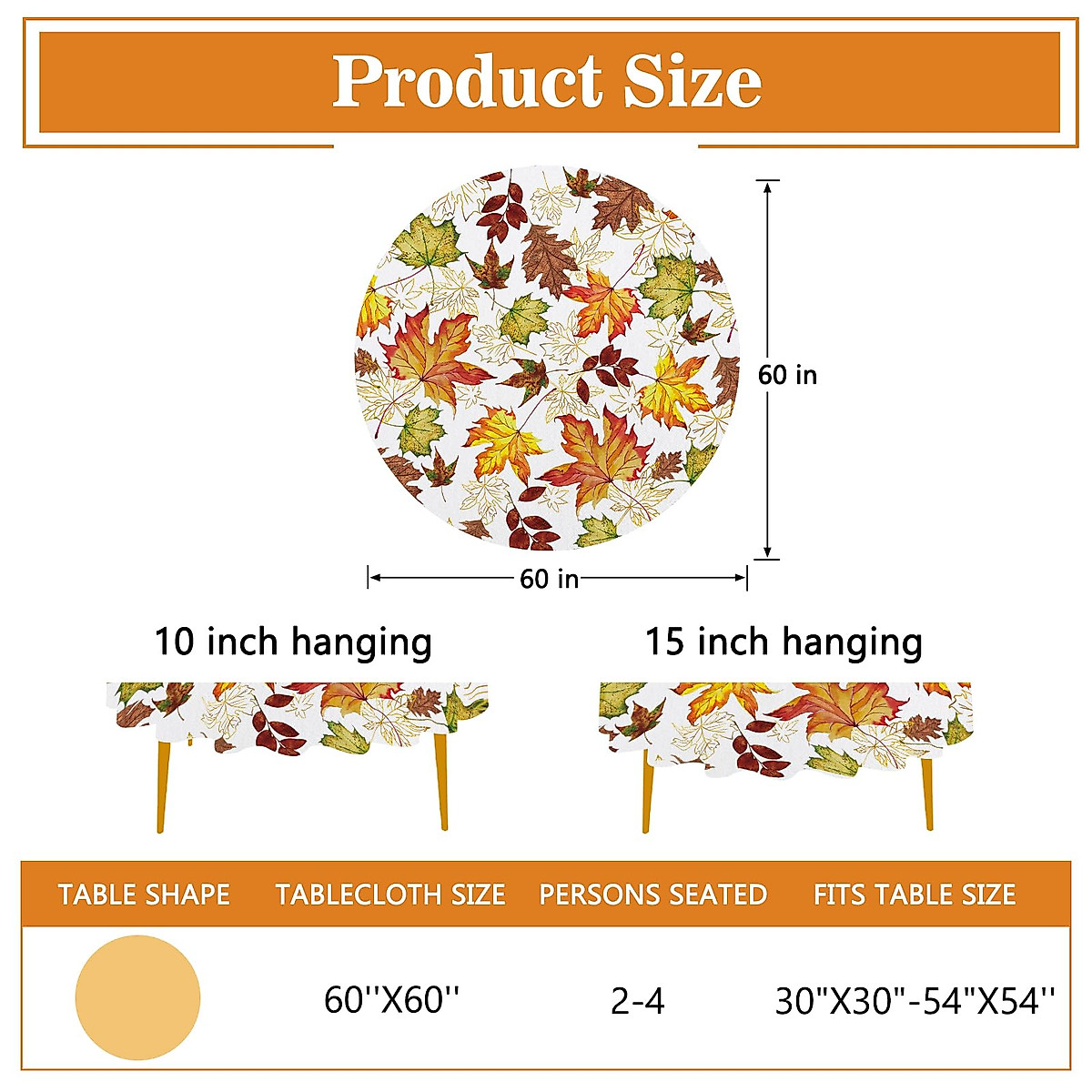 Tailus Fall Maple Leaves Round Tablecloth 60 x 60 Inch, Autumn Gold Leaf Decorative Table Cloth Rustic Dining Table Cover, Farmhouse Thanksgiving Dinner Party Picnic Decoration