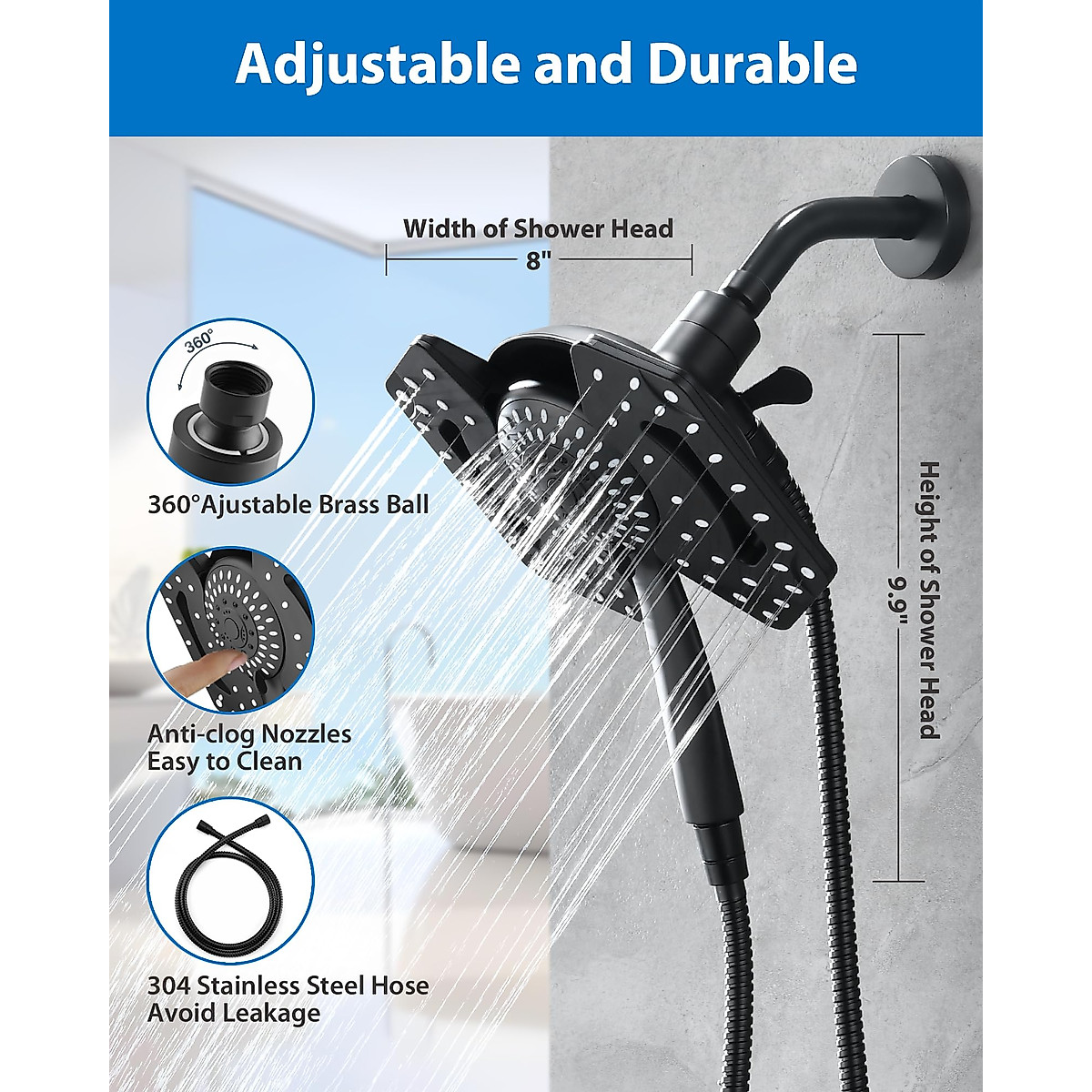 Black Shower Head with Handheld: 2-in-1 Shower Head High Pressure with Rainfall Shower Head Handheld Shower head Detachable Shower Head with Hose, 2.5GPM Double Shower Head Dual Shower Head Cambo