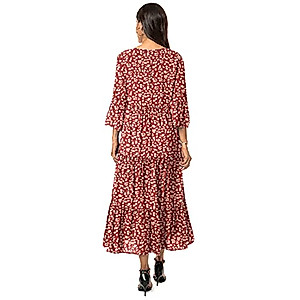 VIISHOW Women's Bohemian Midi Dress 3/4 Sleeve Floral Print Front Tie Neck Ruffle Hem Long Casual Dress(Flower Red,X-Large)