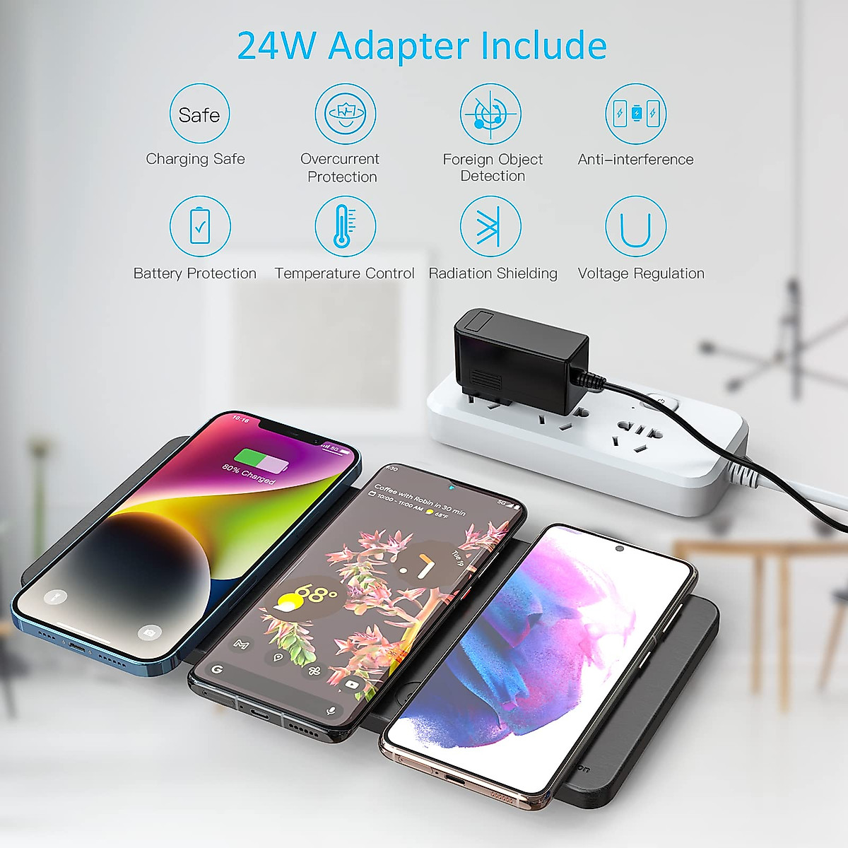 Wireless Charging Pad, ZealSound Ultra-Slim Triple Wireless Charger Station for Multiple 3 Devices & New Airpods Ultra Slim PU Leather Wireless Charging Mat W/AC Adapter for Smartphone Phone (Black)