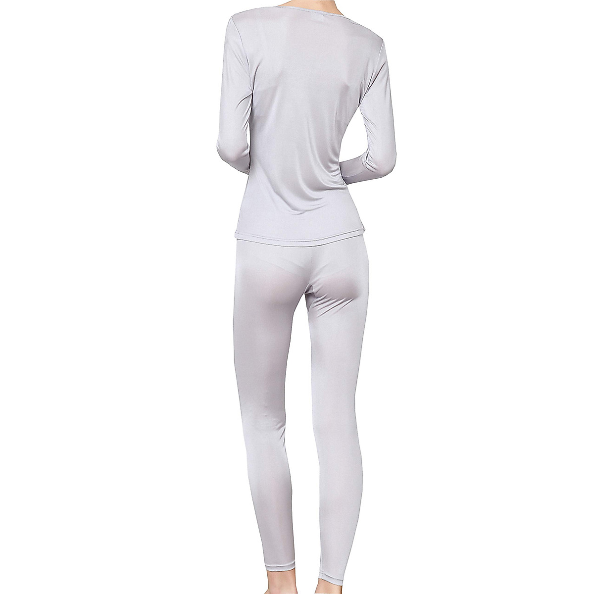 METWAY Women's Silk Long Johns V-neck Pure Silk Silk Long Underwear Thermal Underwear Sets for Winter Base Layer (X-Large SilverGrey)