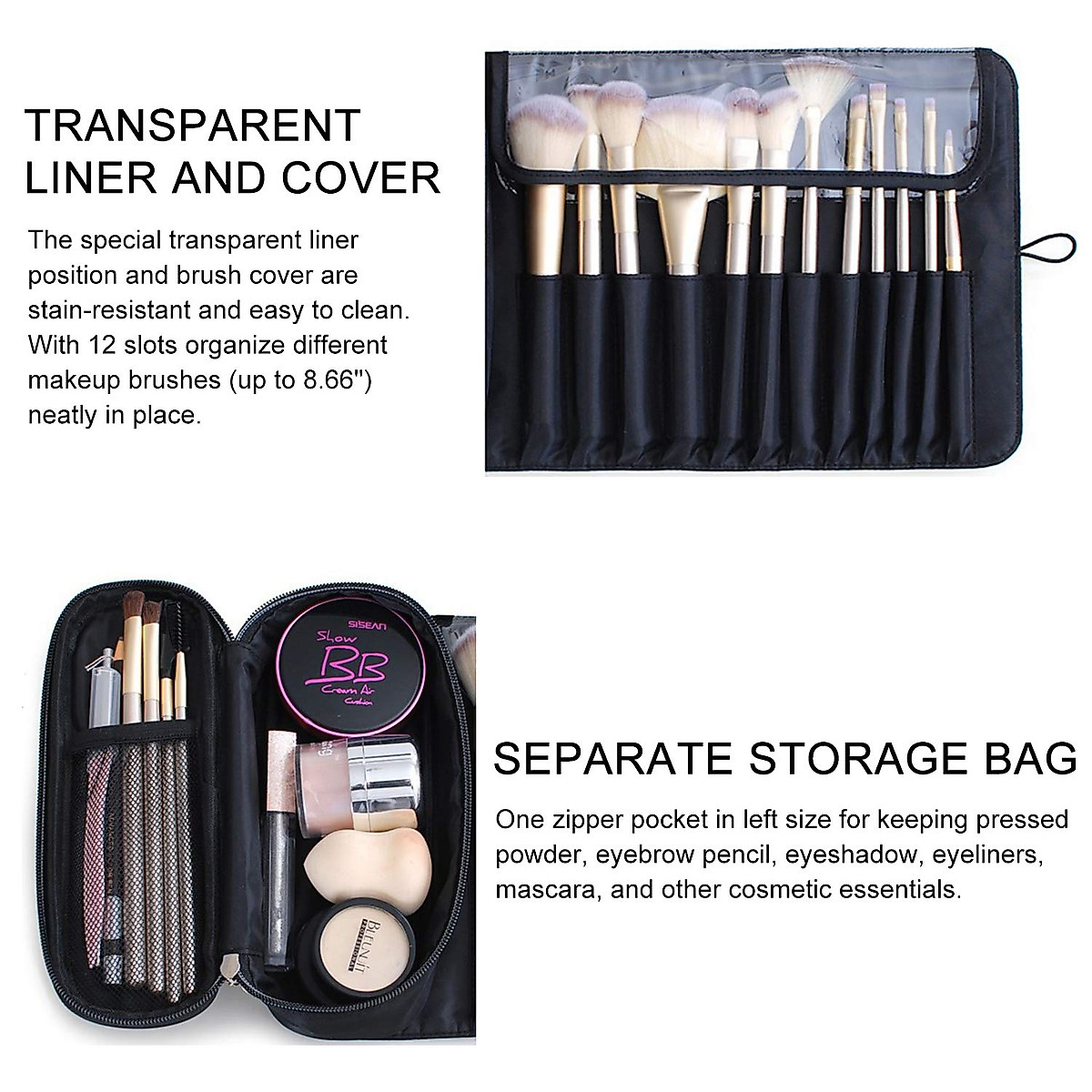 Warmstore Makeup Brush Bag, Travel Makeup Brush Case Makeup Brush Holder Organizer Cosmetic Bag Portable Roll Up Brush Storage Bag for Makeup Brushes and Cosmetic Essentials (Black)