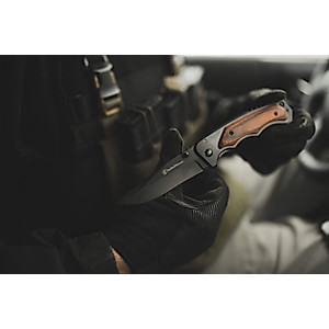 Smith & Wesson 8.5in S.S. Folding Knife with 3.7in Drop Point Blade and S.S. and Real Wood Insert Handle for Outdoor, Tactical, Survival and EDC