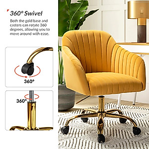 HULALA HOME Modern Velvet Home Office Desk Chair with Gold Base & Channel Back, Upholstered Swivel Computer Task Chair for Bedroom, Height Adjustable Cute Vanity Chair for Women Girls, Mustard