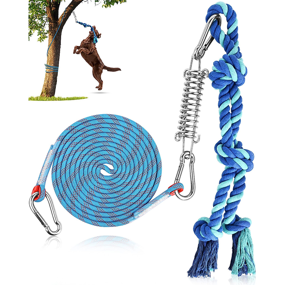 Petbobi Bungee Dog Toy, Tether Tug Outdoor Dog Toy for Pitbull Interactive & Exercise, Spring Pole Tether Tug of War Toy with Durable Rope, Outdoor Hanging Toys for Large Dogs Reduce Boredom, Blue