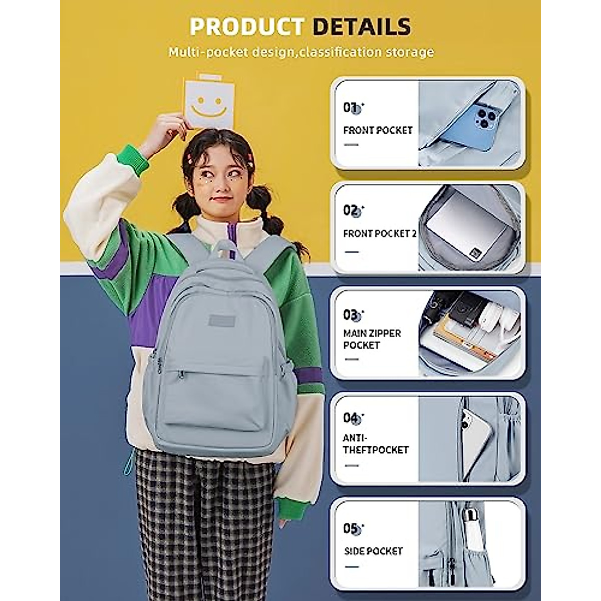 Lightweight School Backpack for Women Men, Laptop Travel Casual Daypack College Secondary School Bags Bookbag for Teenage Girls Boys, Blue