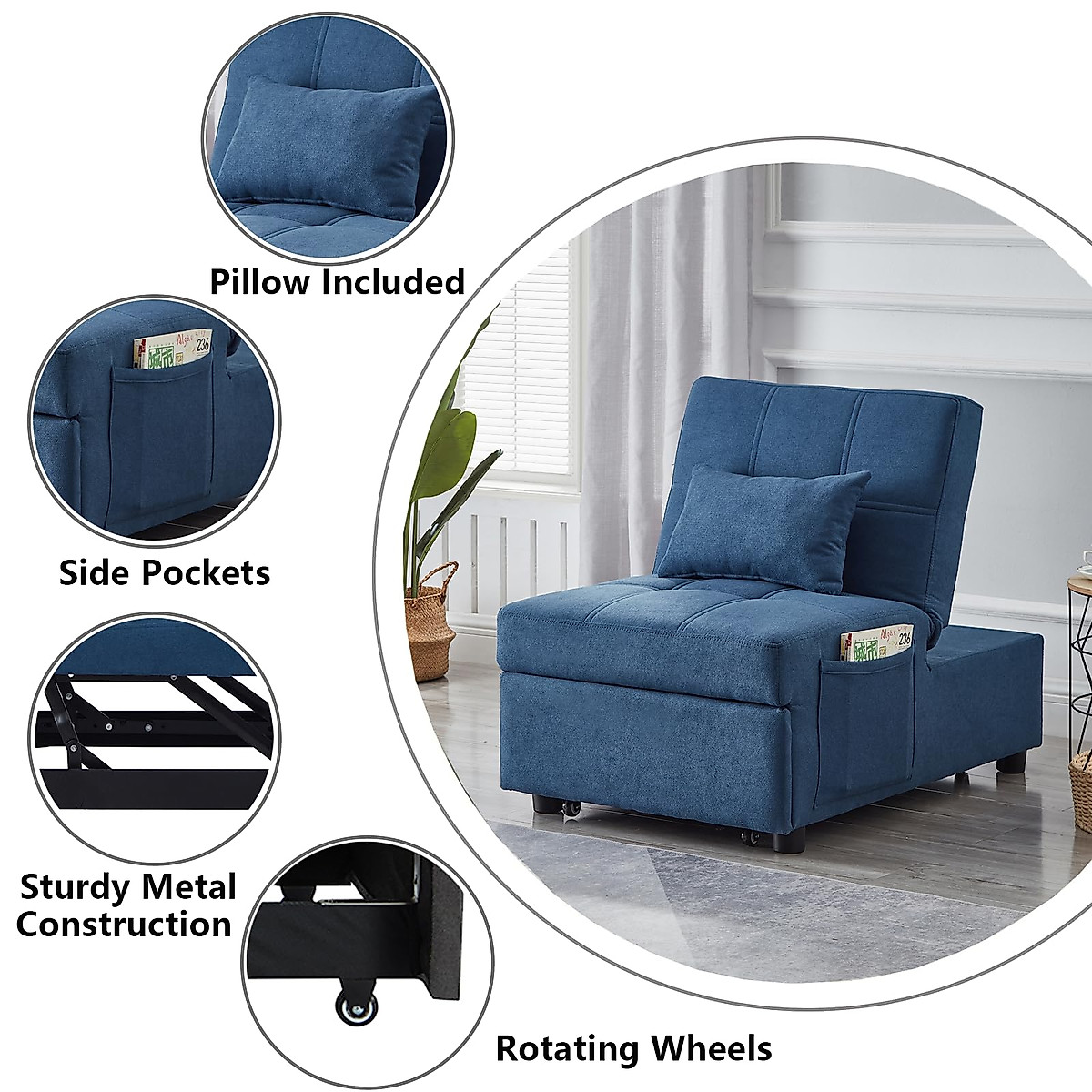Convertible Sleeper Sofa Chair Bed, 3 in 1 Sleeper Chair Bed Ottoman with Adjustable Backrest, Pull Out Chair Bed with Pillow and Pocket, Sleeper Chair for Living Room, Apartment, Office (Blue)