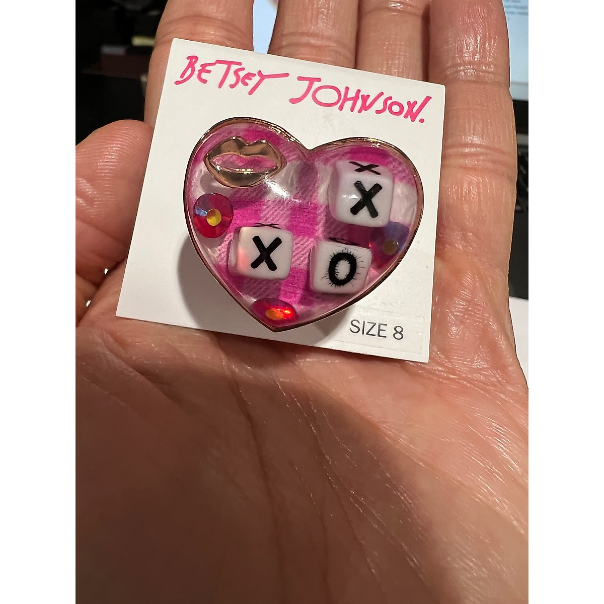 Betsey Johnson Chunky Fuchsia Pink Resin Heart Ring XOX and Gingham Size 8 NWT Valentine's Day Gift Idea Mother's Day XMAS Christmas Present LOVE Heart