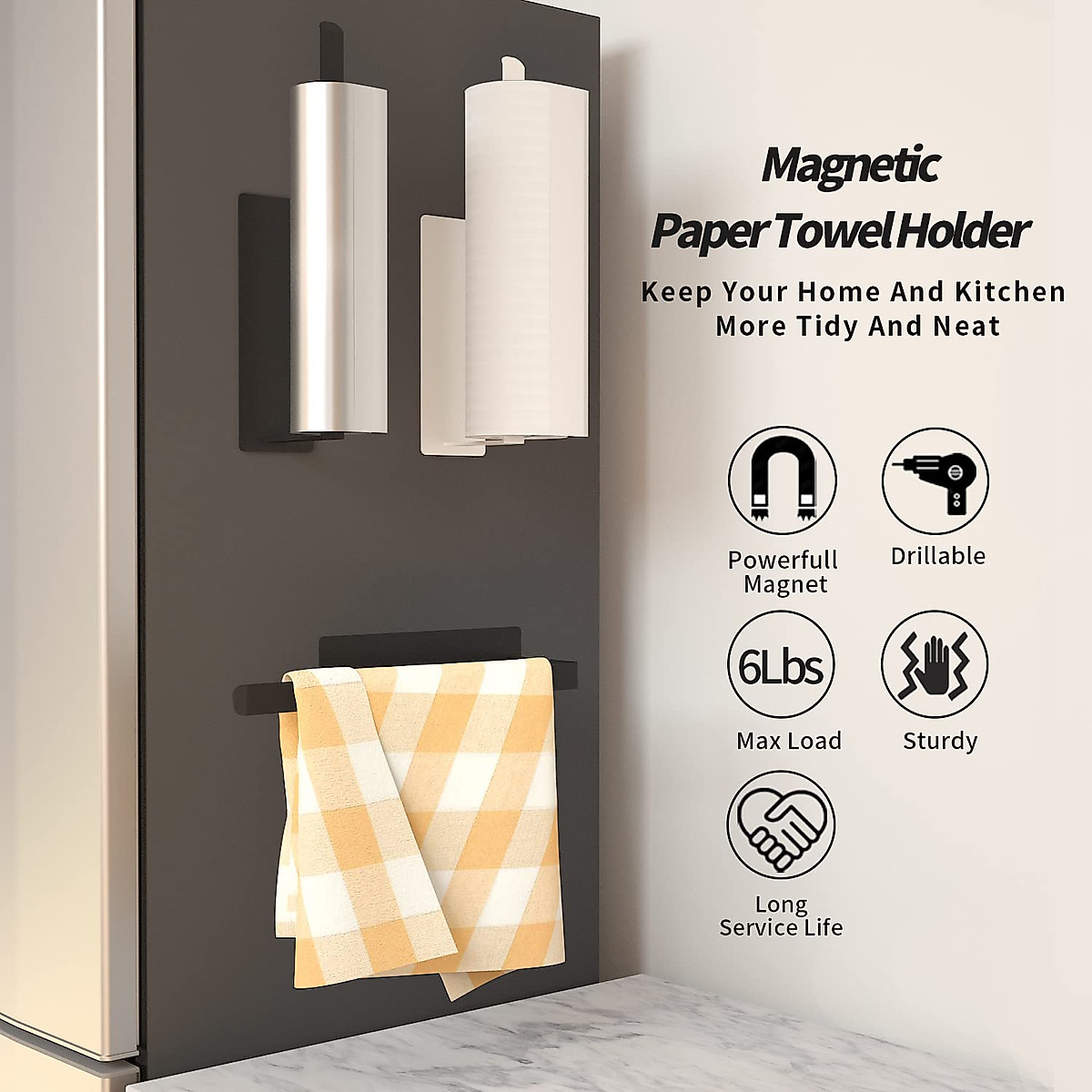 Magnetic Paper Towel Holder for Refrigerator, Kitchen Towel Rack Magnetic Towel Bar Multi Function Made of Iron,Used for Kitchen,Bathroom,No Drilling (Black, 1 Pack)