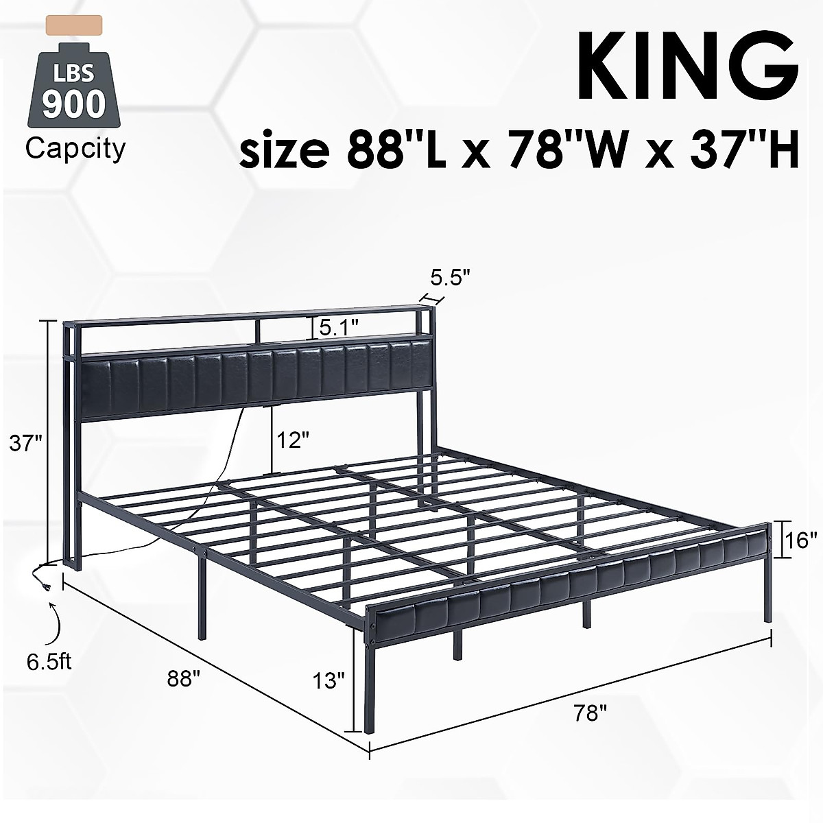 AMERLIFE King Size Platform Bed Frame, LED Bed Frame with PU Leather & Charging Station, 2-Tier Storage Headboard/No Box Spring Needed/Noise Free, Black