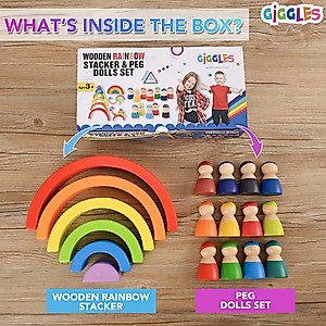Wooden Rainbow Stacking Toy Playset – 6 Colorful Stacking Blocks & 12 Wooden People, Rainbow Baby Toy, Rainbow Stacker & Brain Development – Rainbow Toy & Puzzle Montessori Rainbow