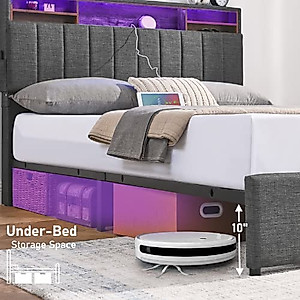 Alohappy Full Size Bed Frame with 2 Storage Drawers, LED Bed Frame with Charging Station and Adjustable Bookcase Headboard, Upholstered Mattress Foundation, No Box Spring Needed, Dark Grey