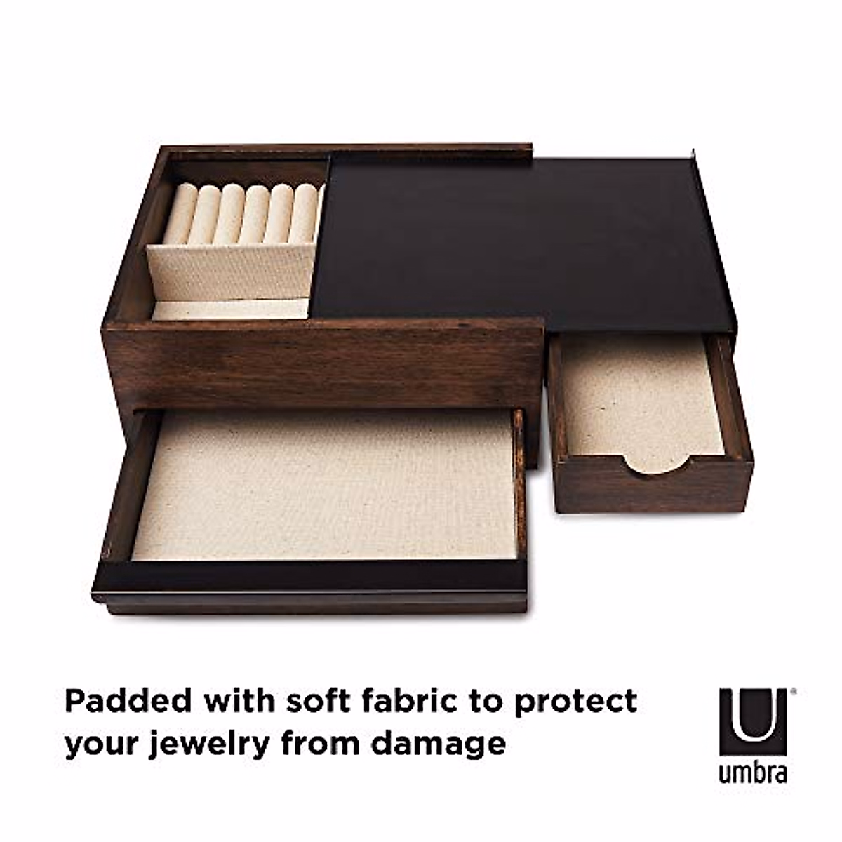 Umbra Stowit Jewelry Box-Modern Keepsake Storage Organizer with Hidden Compartment Drawers for Ring, Bracelet, Watch, Necklace, Earrings, and Accessories, Black/Walnut