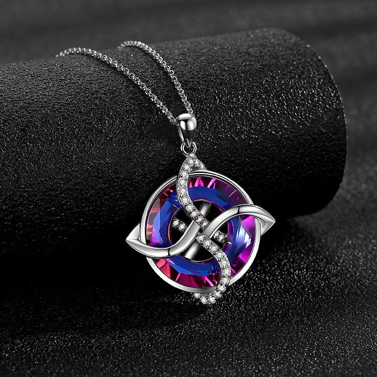 ZLILIJAN Celtic Knot Irish Knot Necklace 925 Sterling Silver Good Luck Pendant Blue Circle Crystal Necklace Irish Symbols Gaelic Jewelry Gift for Women (Purple crystal)