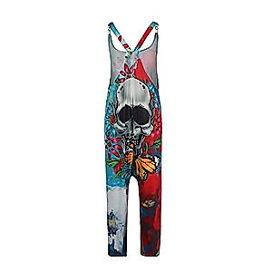 Women Boho Wide Leg Jumpsuits Summer Floral Skeleton Print Plus Size Baggy Dungarees Overalls Y2k Romper Clothes (Color A, X-Large)