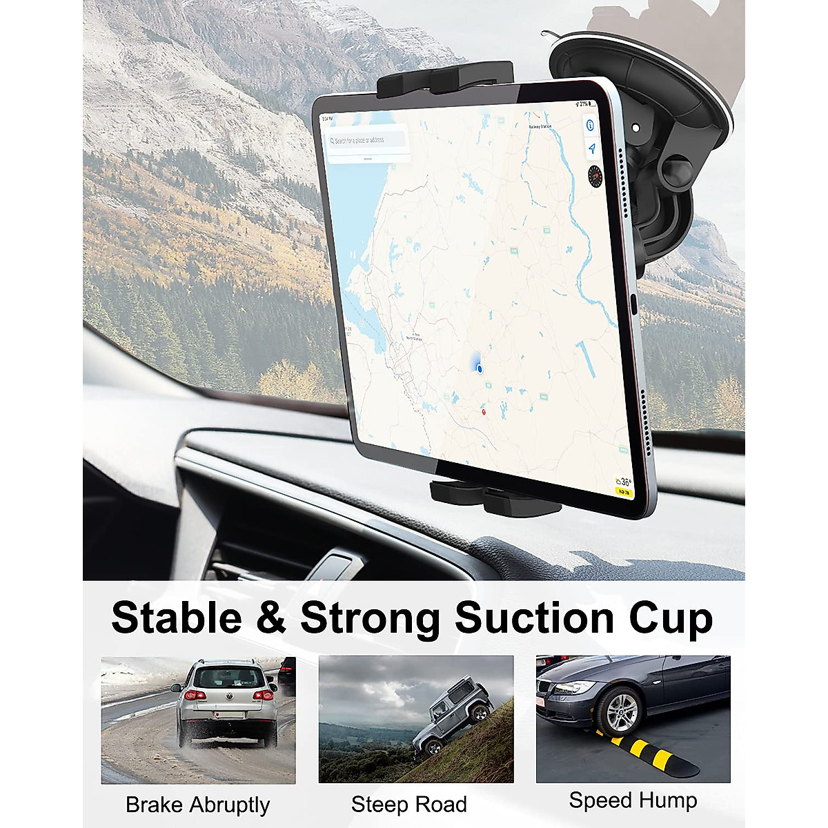 Aozcu Windshield Car Tablet Mount, Window Dashboard Tablet Holder, 95mm Powerful Suction Mount with 1/4'' Screw Tip for iPad Pro 11/ Air/Mini, Galaxy Tabs, More 4-13'' Phone & Tablets, and Camera