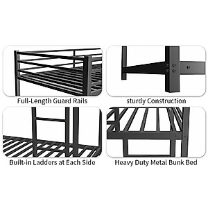 QSOSTNS Twin Over Twin Bunk Bed, Metal Low Profile Bunkbed with Side Ladder, Heavy-Duty Sturdy Metal, Noise Reduced, Safety Guardrail, No Box Spring Needed (Black)