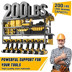 jsyonii Power Tool Organizer Wall Mount, 4 Layer Heavy Duty Metal Power Tool Storage Rack with 8 Drill Holders, Heavy Duty Metal Garage Tool Shelf with Wrench Hammer Pliers Screwdriver Holder