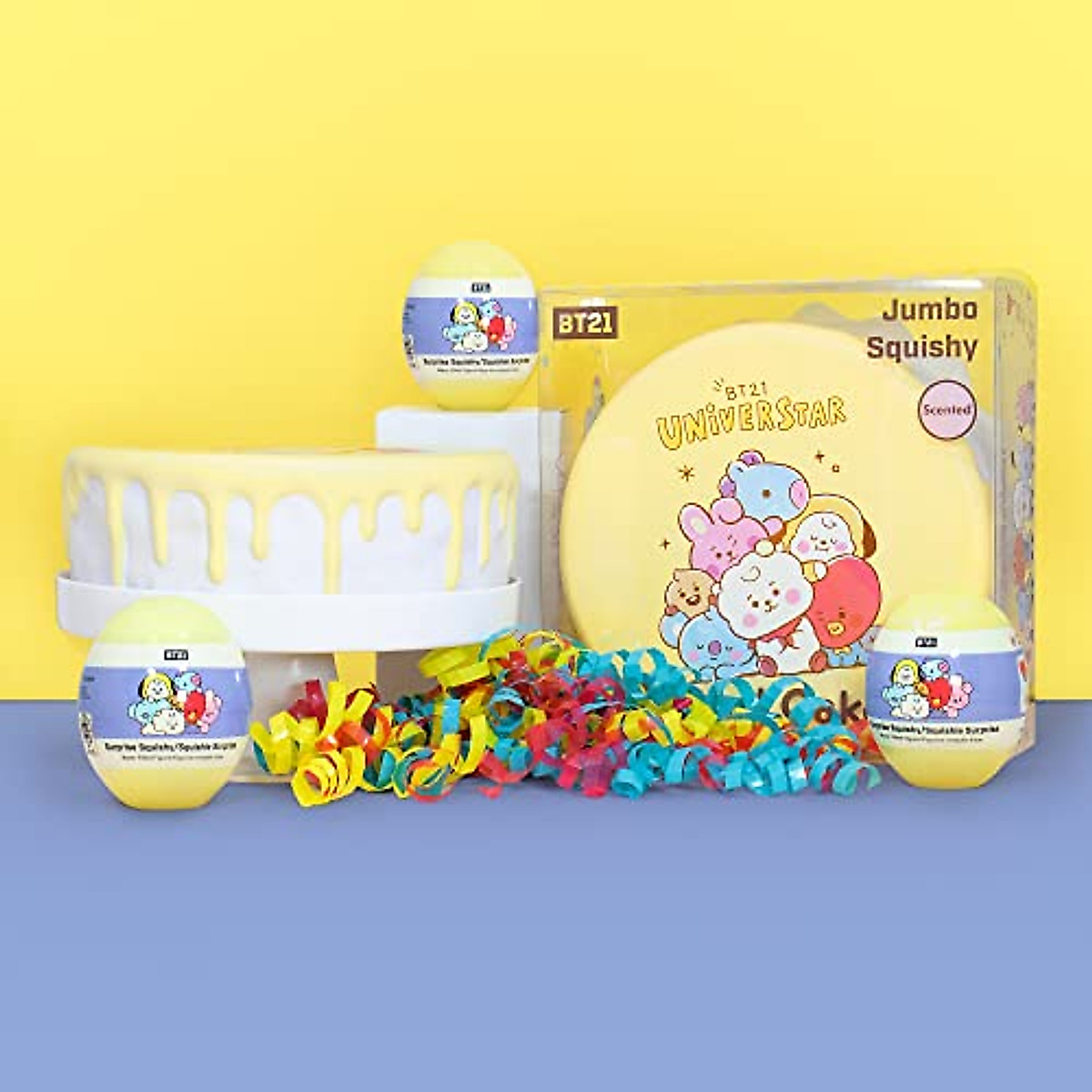 Hamee LINE Friends BT21 (Baby) [Surprise Capsule Series] Cute Water Filled Squishy Toy [1 Pc. (Mystery - Blind Capsule)] + 1 x Slow-Rising Glazed Cake Squishy Toy [Jumbo Size]