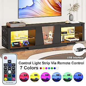 HOME BI TV Stand with LED Lights for TVs up to 70 inch, Entertainment Center with Glass Shelves and Two Cabinets, Console TV Stand for Living Room, 22 RGB Modes, Black