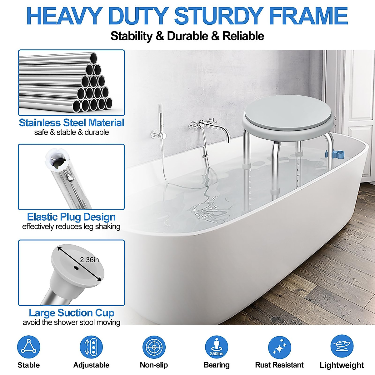 UGarden Upgraded Heavy Duty Stainless Steel Small Shower Chair for Inside Shower, Safety Anti-Slip 370lbs Shower Stool for Inside Bathtub, Gray Round Shower Stool w/Grab Bar, Bath Seats for Elderly