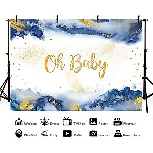 MEHOFOND 7x5ft Soft Fabric Oh Baby Backdrop for Boys Royal Blue Watercolor Pastel Clouds Baby Shower Photography Background Blue Clouds Gold Glitter Dots Party Decorations Cake Smash Photo Props