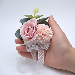ETERNAL ANGEL Boutonniere and Corsage Wristlet Bracelet Set with Pink Artificial Rose Eucalyptus Leaves for Groom Bride Groomsmen Bridesmaids Best Men at Wedding Party Prom