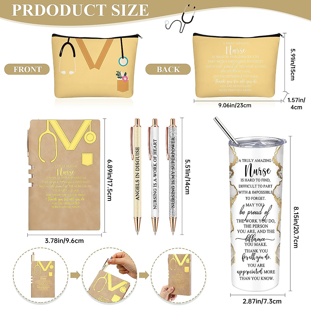 Domensi 6 Pcs Nurse Week Appreciation Gifts for Women Medical Nursing Assistant 20 oz Marble Sign Tumbler Makeup Bag Notepad with Ballpoint Pen for Graduation Nursing Student(Khaki)