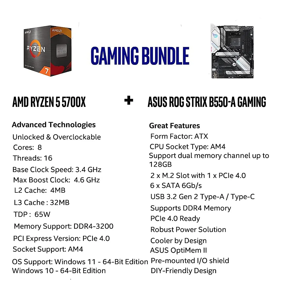 INLAND AMD Ryzen 7 5700X 8-Core 16-Thread Unlocked Desktop Processor with ASUS ROG Strix B550-A AMD AM4 Zen 3 Ryzen 5000 ATX Gaming Motherboard