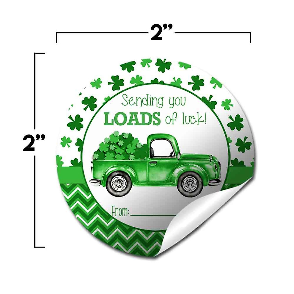 Loads of Luck Green Pickup Truck with Clover St. Patrick’s Day Gift Tag Sticker Labels for Kids, 40 2" Party Circle Stickers by AmandaCreation, Great for Party Favors, Envelope Seals & Goodie Bags