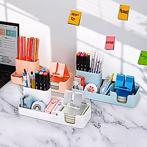 LETURE Pen Holder for Desk, Desktop Organizer with Mobile phone holder/Pencil Holders/Sticky Note Tray/Paperclip Storage and Office Stationery Accessories Caddy for Office Home School (White)