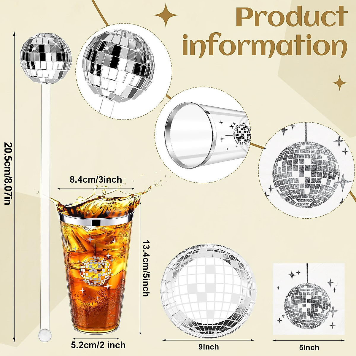 70s Disco Party Supplies Disco Balls Plates Napkins Cocktail Stirrers Disposable Plastic Cups Party Table Runner for 80s 90s Wedding Picnic Travel(101 Pieces)