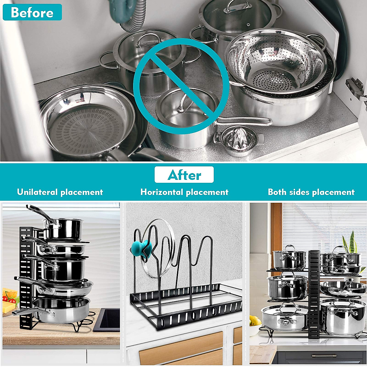 Kphico Pots and Pans Organizer,Pot Rack with 3 DIY Methods,Adjustable Pan Organizer Rack with 8 Tiers,Non-Slip Pan Pot Rack for Kitchen Cabinet Organizer and Storage,Send 1 PCS Cleaning Cloth