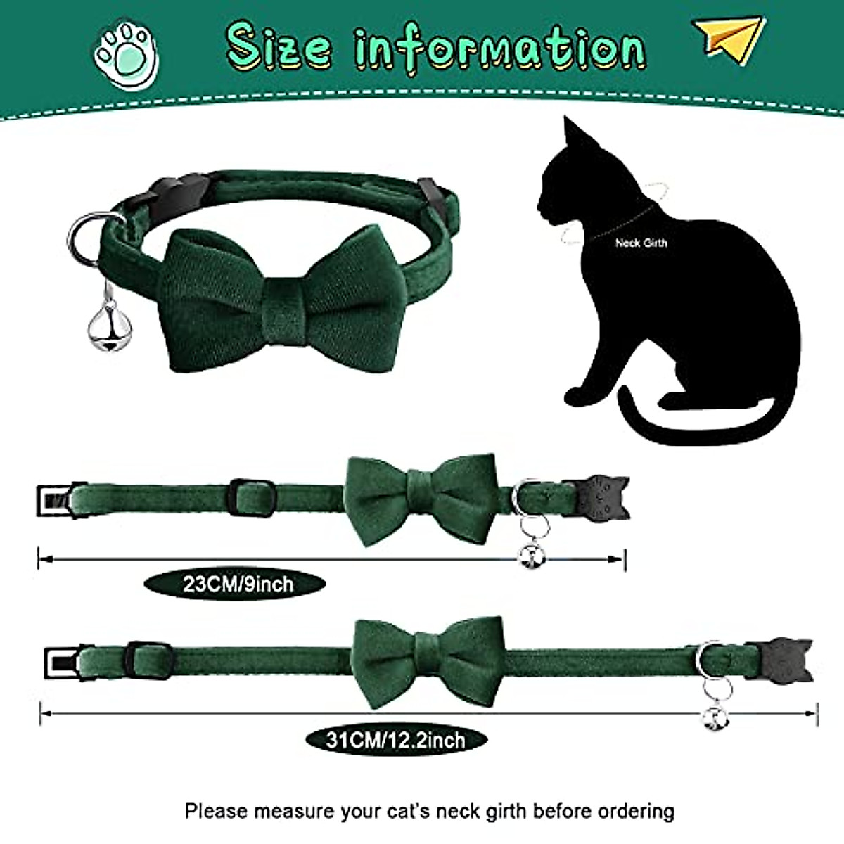 4 Pieces Cat Bow Tie Collar with Bell Breakaway Cat Collar Comfortable Velvet Cat Collar with Cute Safety Pet Collar for Pet Kitten Puppy (Black, Gray, Dark Green, Blue,Small)