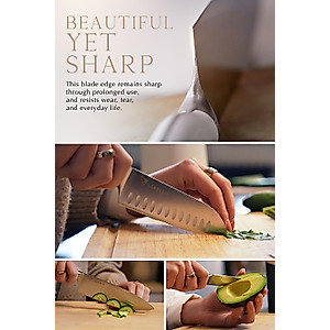 Lordelle Knife Block Set - 5 Piece Set - White Chantilly Snow - Lifestyle Home Kitchen Design - German X50 Stainless Steel - ABS Handle - Ash Wood Block - Cooking Chef Knife, Santoku, Paring, Utility