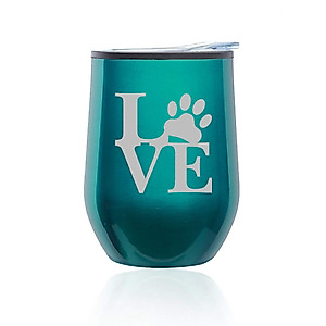 Stemless Wine Tumbler Coffee Travel Mug Glass With Lid Love Paw Print (Turquoise Teal)