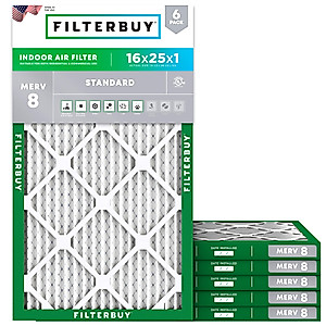 Filterbuy 16x25x1 Air Filter MERV 8 Dust Defense (6-Pack), Pleated HVAC AC Furnace Air Filters Replacement (Actual Size: 15.50 x 24.50 x 0.75 Inches)