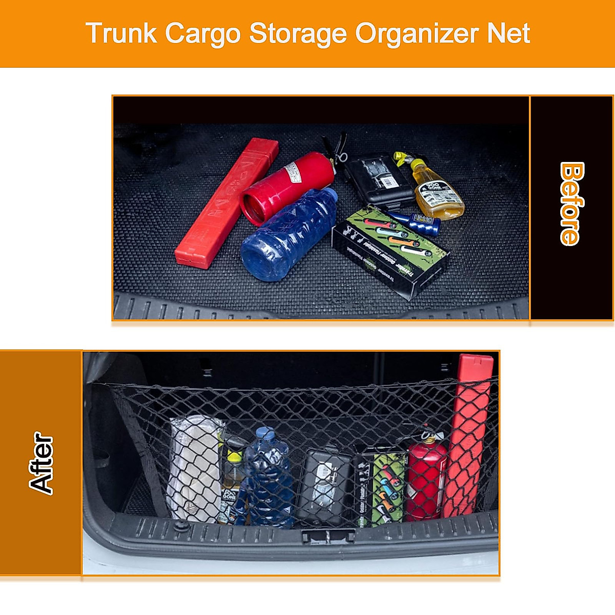 QODOLSI 1 PC Car Trunk Luggage Net, 3.6Ft x 1.3Ft Adjustable Elastic Truck Cargo Storage Net with Installation Tool, Universal Vehicle Organizer Accessories for SUVs Cars RVs Trailer (Black)