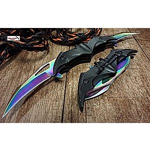 New! Dark Knight Bat Spring Assisted Open Folding Double Blade Dual Twin 3 Colors Pocket Knife Tactical Belt Clip Black Gold Rainbow Knives Great Gift (Rainbow)