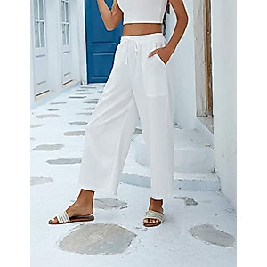 Zeagoo Women's Summer Cotton Linen Palazzo Pants Drawstring Waist Wide Leg Pocket Loose Casual Trousers White M