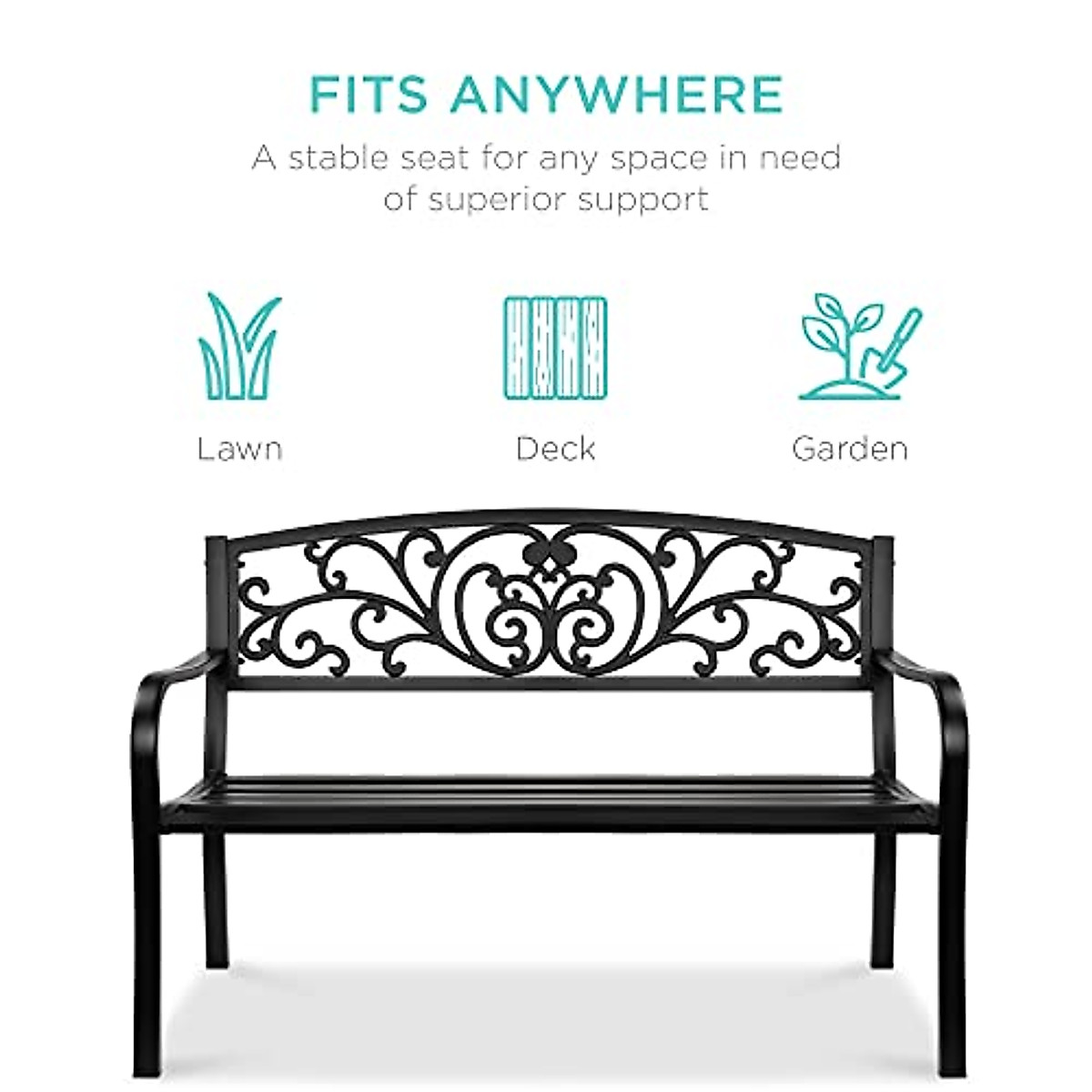 Best Choice Products Outdoor Bench Steel Garden Patio Porch Furniture for Lawn, Park, Deck w/Floral Design Backrest, Slatted Seat - Black