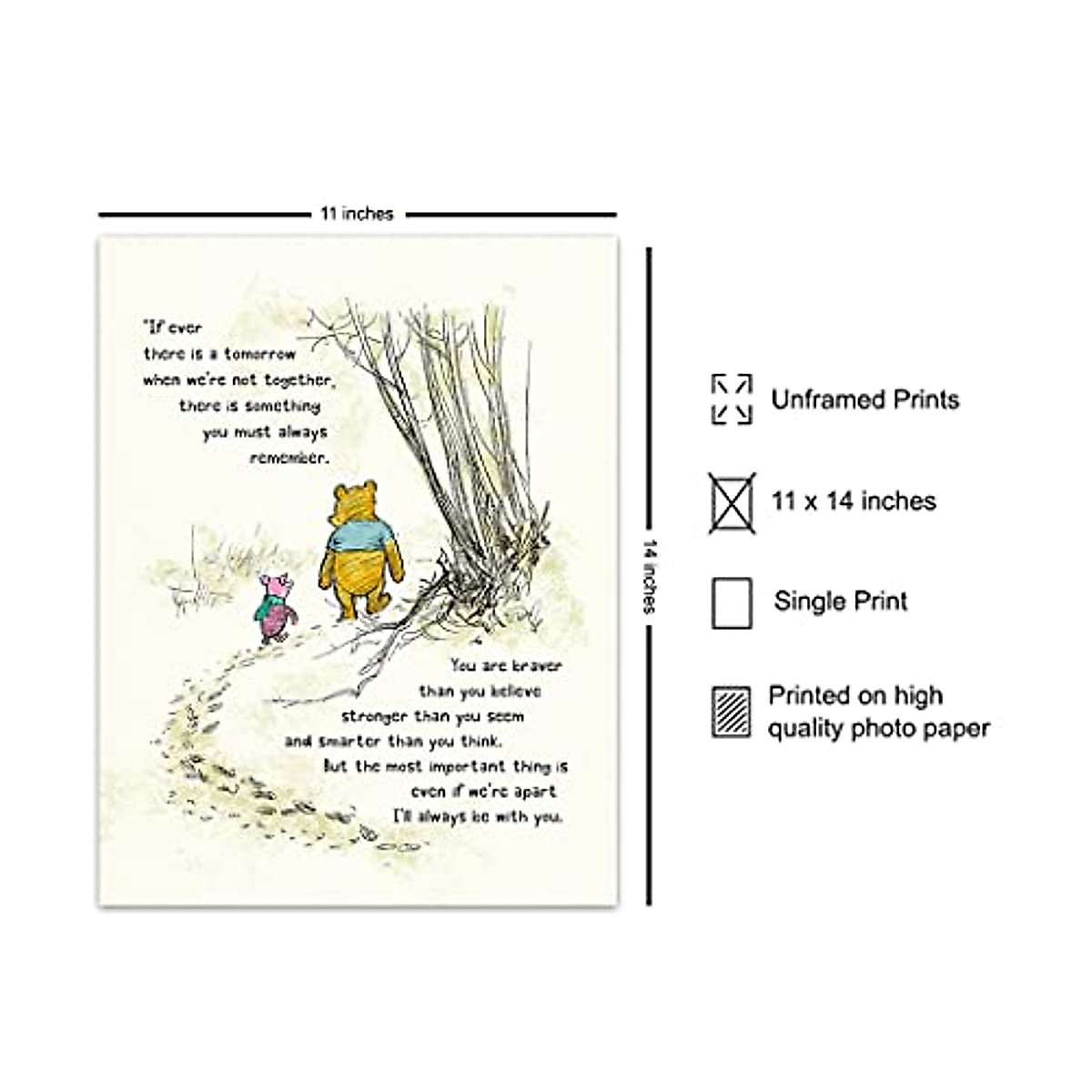 Winnie Pooh Wall Art - Kids Wall Art - Boys Room, Baby Nursery Decor - Girls Bedroom Decor - Wall Decor for Toddlers - Always Remember You Are Braver Than You Believe - A. A. Milne Poster 11x14 Gift