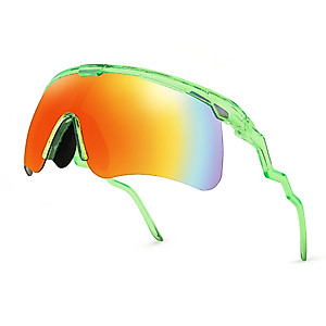 FEISEDY Sunglasses for Men and Women, Polarized Large Retro Rimless Glasses for Baseball, Cycling, Sports (B4073, Transparent Green Frame/Red Mirror)