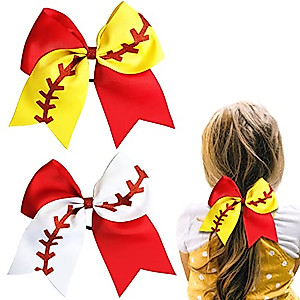 Baseball Softball Cheer Bow Elastic Hair Tie 7" Girls Team Cheerleader Ponytail Holder Large Handmade Cheerleading Ribbon Accessories Sports Outfit Decor Gift Glitter Red Yellow White
