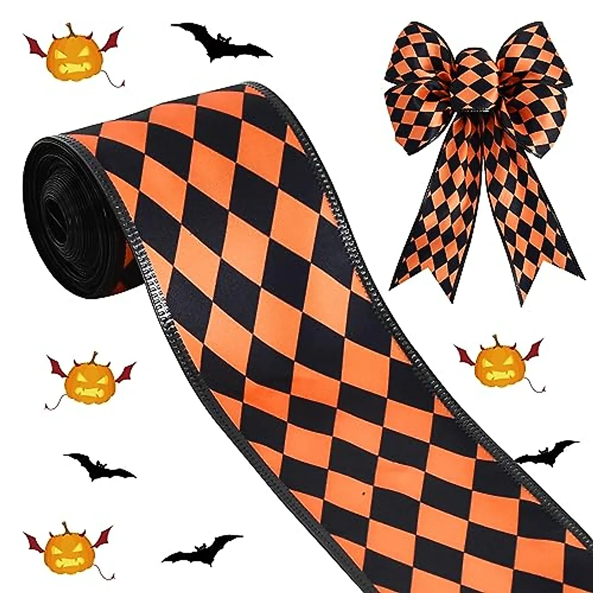 TONIFUL 2.5 Inch Orange Black Diamond Plaid Satin Ribbon Wired Edge Ribbon Thanksgiving Fall Halloween Christmas Wired Ribbon for Crafts Gift Tree Topper Wreath Bows Outdoor Indoor Decorations 6yds