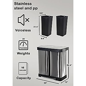 10 Gallon Dual Trash Can, Classified Recycling Bin for Kitchen Recycling and Trash, Double Compartment Trash Can Rubbish Bin with Lid, Plastic Inner Buckets, Stainless Steel, Soft-Close, Airtight