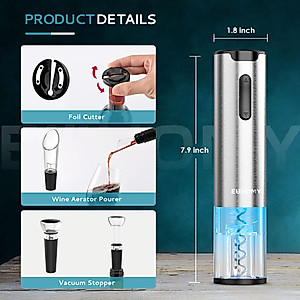 EUHOMY Electric Wine Opener Set, Wine Bottle Opener with Wine Aerator Pourer and Foil Cutter, Stainless Steel Automatic Corkscrew Opener with Wine Vacuum Stopper,Fine Set for Wine Lovers