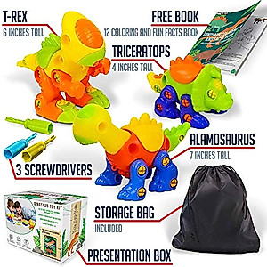 Dinosaur Building Toy Set for Kids - STEM Take Apart Construction Toys Include Build a Dino Construct & Play Kit, Storage Bag, & Coloring Book - Educational Toys, Birthday Party Toy Dinosaurs