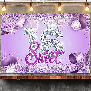 Happy 16th Birthday Banner Backdrop Sweet 16 Years Old Queen Purple Background Bday Decorations for Girls Women Photography Party Supplies Glitter