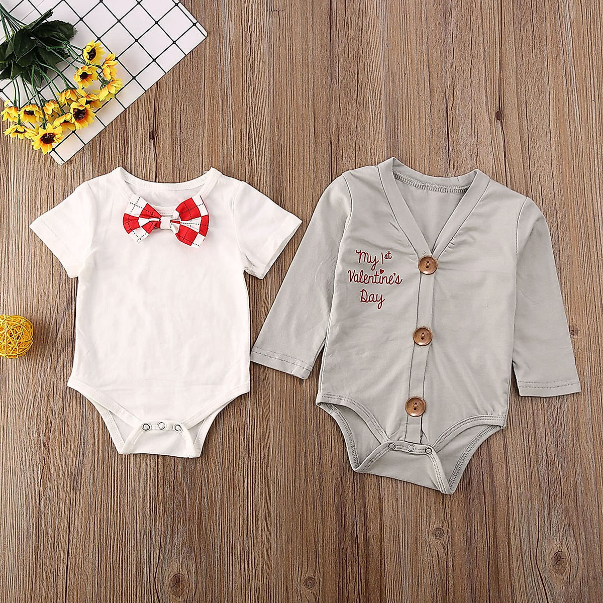Bowanadacles Newborn infant baby boy clothes my 1st valentine day 3Pcs outfit long sleeve romper onesie heart pants (White+Gray+Red, 6-12 months)